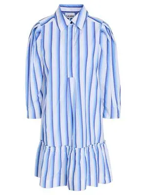 GANNI Striped Cotton-poplin Mini Shirt Dress - Light Blue