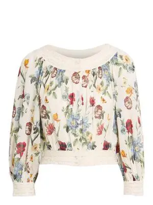 Alice + Olivia Floral-print Cotton-gauze Top With Lace Trims - Ecru