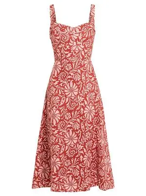 Veronica Beard Aila Floral-print Linen Midi Dress - Brick