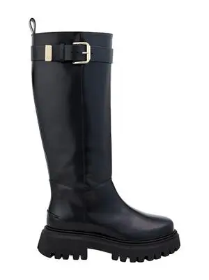 Maje Buckled Leather Knee Boots - Black