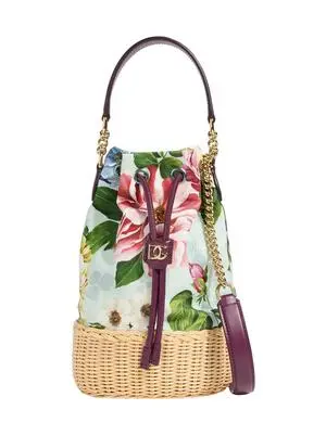 Dolce & Gabbana Floral-print Canvas And Wicker Bucket Bag - Sky Blue