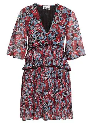 GANNI Pleated Printed Crepe De Chine Mini Dress