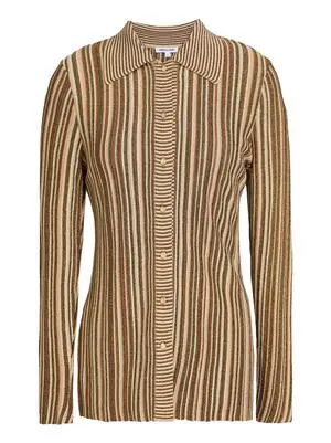 Veronica Beard Landon Metallic Striped Ribbed-knit Cardigan - Beige