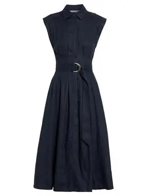 Veronica Beard Loreta Belted Linen Midi Shirt Dress - Navy