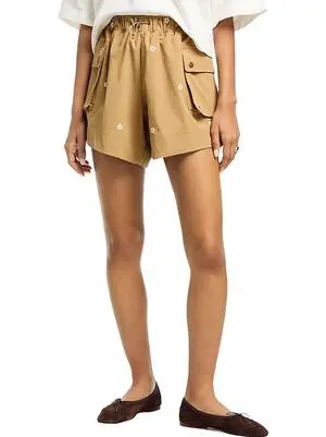 The Great. Embroidered Cargo Shorts - Khaki Daisy