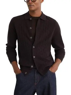 REISS Long Sleeve Button-through Cardigan With Stitch Detail - Chocolate
