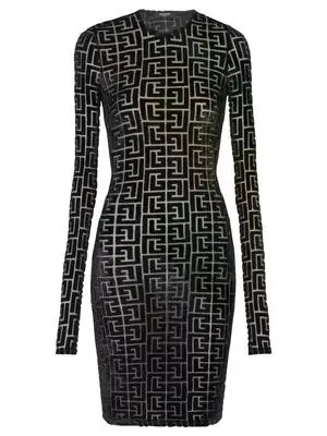 Balmain Monogram-pattern Velvet Dress - Black
