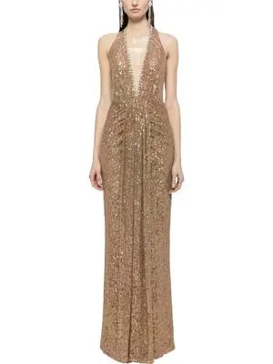 NISSA Sequined Halterneck Maxi Dress - Gold