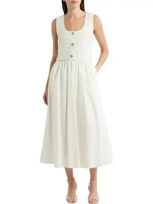 ZOE AND CLAIRE Mixed Media Pointelle Stitch Midi Dress - Ivory
