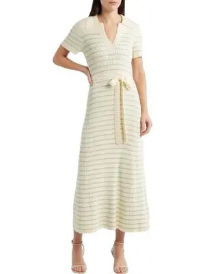ZOE AND CLAIRE Stripe Ribbed Polo Sweater Dress - Ivory/mint