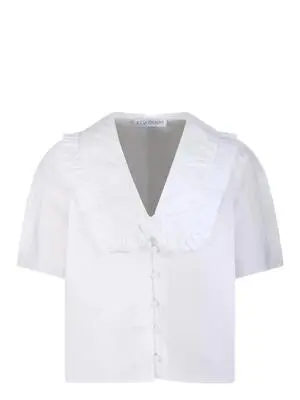 E.L.V. DENIM Lola Ruffled V-neck Shirt - White