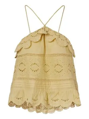 MARANT ETOILE Embroidered Ruffled Halterneck Cotton Top - Yellow