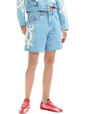 Desigual Appliqué High-waist Denim Shorts - Medium Blue