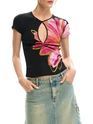 Desigual Floral Cutout Graphic T-shirt - Black