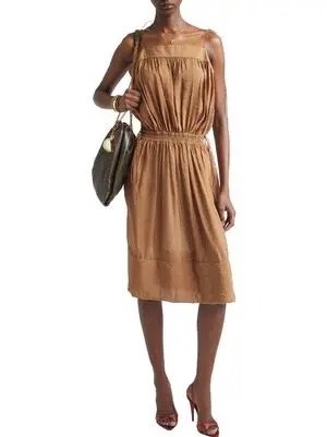 Saint Laurent Shirred Chiffon Satin Dress - Caramel