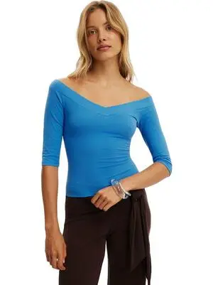 COTTON ON Off Shoulder V-Neck 3/4 Sleeve Tee Cobalt