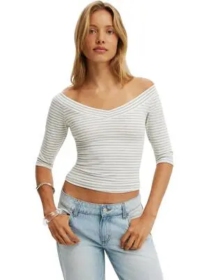 COTTON ON Off Shoulder V-Neck 3/4 Sleeve Tee Grey Marle  White Stripe