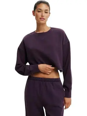 COTTON ON Cropped Fleece Sweatshirt - Washed Dark Mulberry