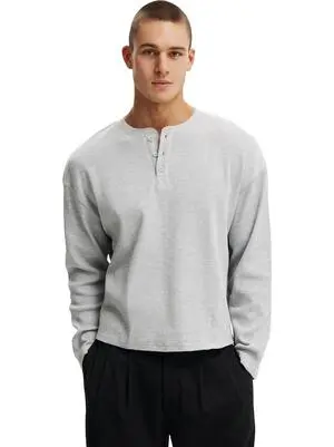 COTTON ON Relaxed Fit Textured Henley Long Sleeve - Grey Marle Waffle