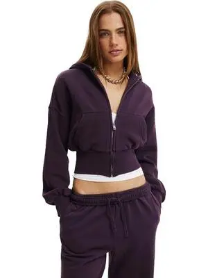 COTTON ON Oversized Zip Through Hoodie - Washed Dark Mulberry