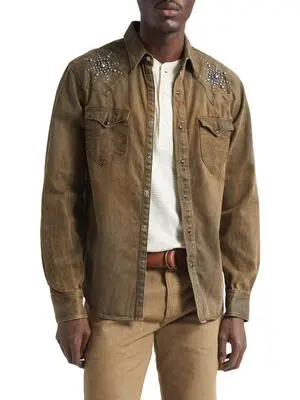 Double Rl Buffalo West Slim Fit Studded Denim Western Snap-up Shirt - Distressed Brown Wash