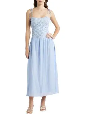 Moon River Floral Appliqué Tie Shoulder Midi Dress - Blue