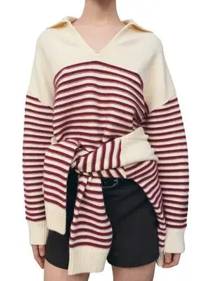 Mango Striped Johnny Collar Sweater - Ecru