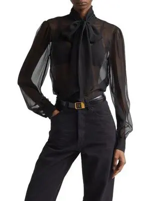 Saint Laurent Sheer Silk Chiffon Tie Neck Shirt - Noir