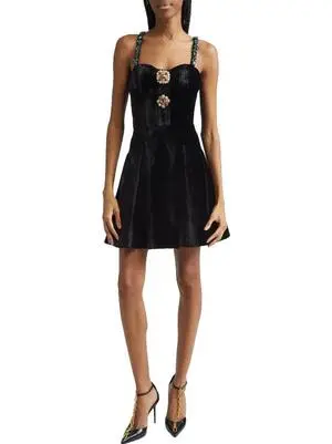 Balmain Embellished Strap Velvet Fit & Flare Dress - Eah Blk Multi