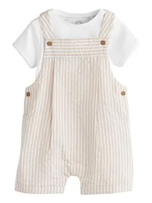 NEXT Seersucker Cotton Overalls & T-shirt Set - Neutral