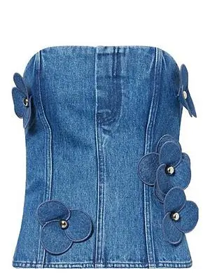 David Koma Floral-embellished Denim Corset Top - Indigo