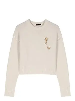 Maje Wool And Cashmere-blend Jumper With Brooch - Ecru