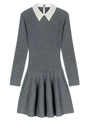 Maje Ribbed Beaded-collar Stretch-knit Mini Dress - Grey