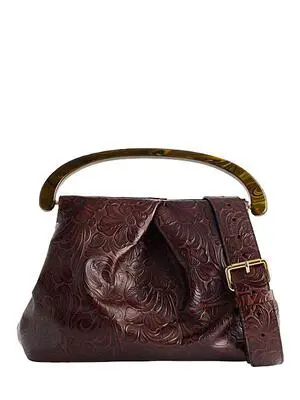 Dries Van Noten Flower-embroidered Pleated Leather Top-handle Bag - Wood