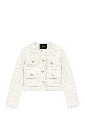 Maje Frayed-trim Cropped Tweed Jacket - Ecru