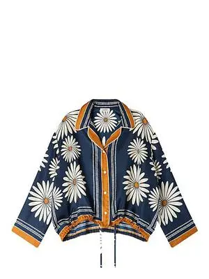 Sandro Floral-print Tie-hem Silk Shirt - Deep Blue / Ocher
