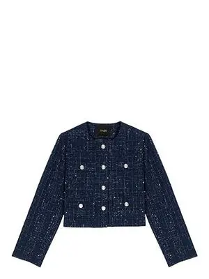 Maje Tweed-textured Cropped Cotton-blend Jacket - Navy