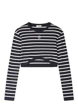 Sandro Striped Cropped Cotton-jersey T-shirt - Marine / Blanc