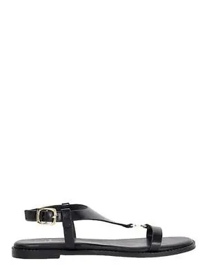 DUNE Laith T-bar Leather Flat Sandals - Black Plain Leather