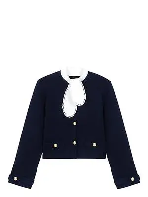 Maje Embroidered-collar Cropped Knitted Cardigan - Navy