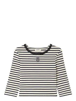 Sandro Striped Cropped Cotton-jersey T-shirt - Navy Blue