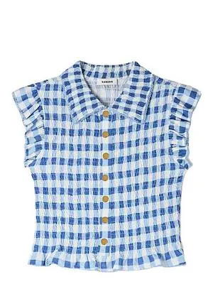 Sandro Gingham-print Smocked Stretch-woven Shirt - Blu / White
