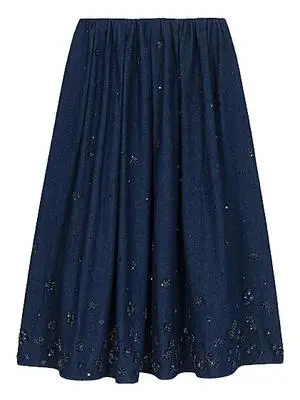 Maje Flared Sequin-embroidered Denim Midi Skirt - Navy