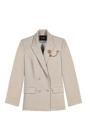 Maje Woven Double-breasted Blazer With Brooch - Beige