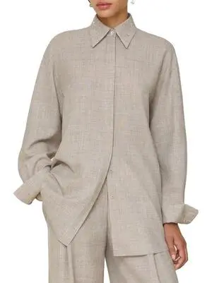 Lafayette 148 New York Oversized Wool Blend Shirt With Swarovski® Crystal Collar - Taupe Multi