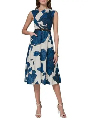 Donna Karan New York Belted Floral Fit & Flare Dress - Cream/night