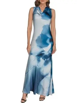 Donna Karan New York Printed Cowl Neck Gown - Washed Indigo