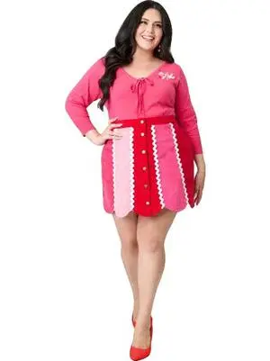 SMAK PARLOUR Scallop Hem Corduroy Mini Skirt - Red & Pink Stripe