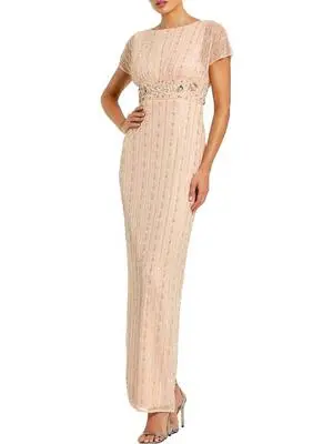 Mac Duggal Beaded Blouson Short Sleeve Column Gown - Rose
