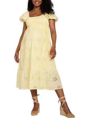 Motherhood Maternity Smocked Bodice Midi Dress With Puff Sleeves - Pastel Yellow